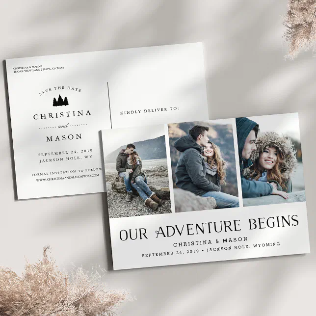 Our Adventure Begins | Three Photo Save the Date Announcement Postcard ...