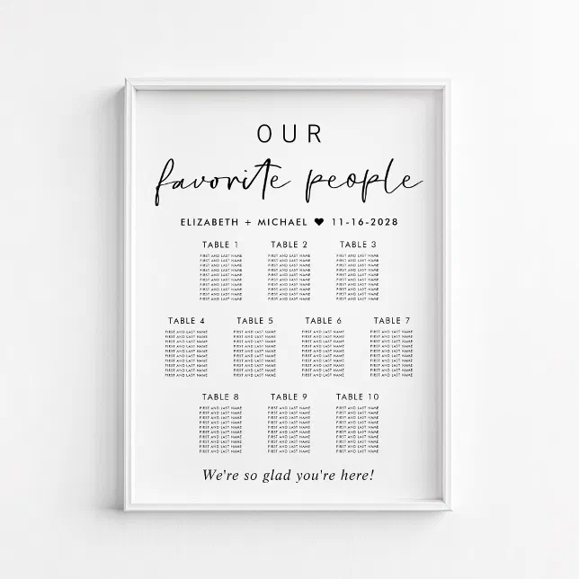 Our Favourite People 10 Table Wedding Seating Char Poster | Zazzle