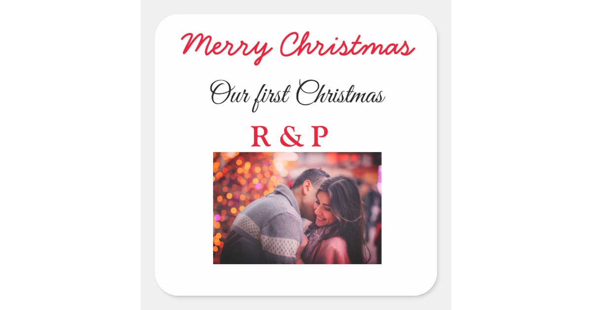 Our first Christmas add name photo wedding engaged Square Sticker | Zazzle