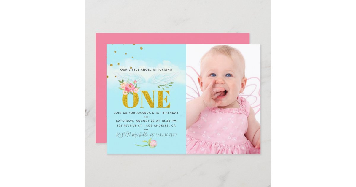Our Little Angel 1st Birthday Baby Girl Party Invitation | Zazzle