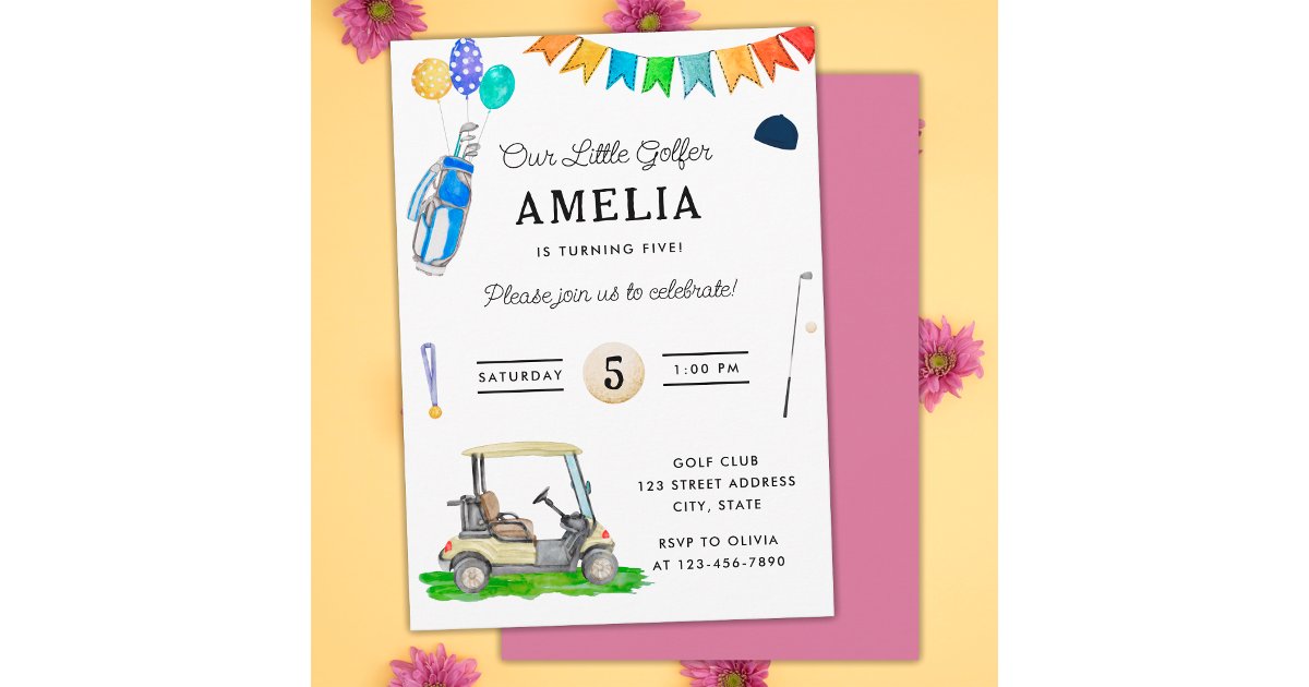 Our Little Golfer Pink Cart Kids Golf Birthday Invitation | Zazzle