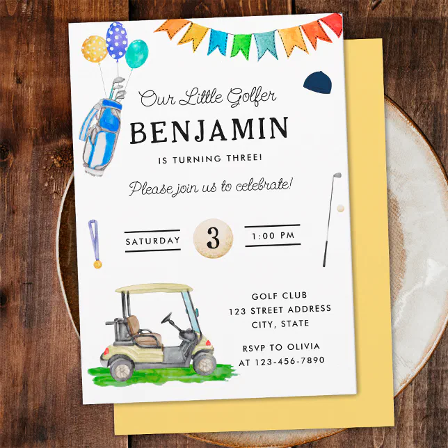 Our Little Golfer Yellow Cart Kids Golf Birthday Invitation | Zazzle