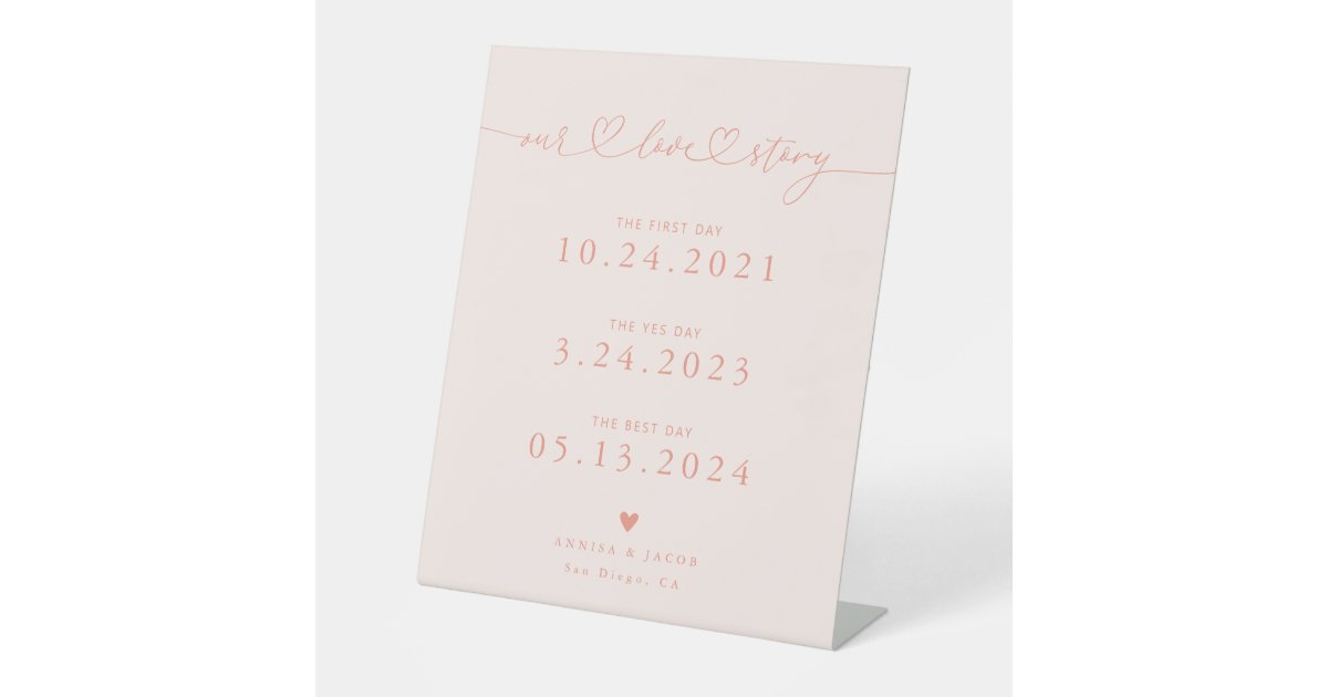 Our Love Story Hearts Peach Wedding Timeline Pedestal Sign | Zazzle