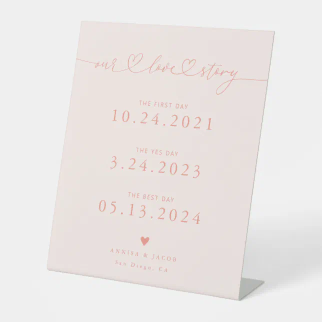 Our Love Story Hearts Peach Wedding Timeline Pedestal Sign | Zazzle