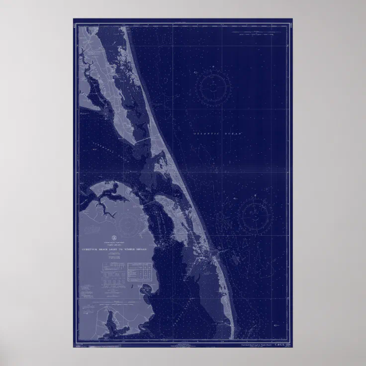 Outer Banks NC OBX Map Nautical Chart Blue Art | Zazzle