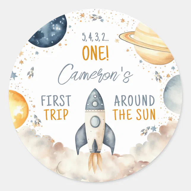 Outer Space First Trip Around The Sun Boy Birthday Classic Round ...