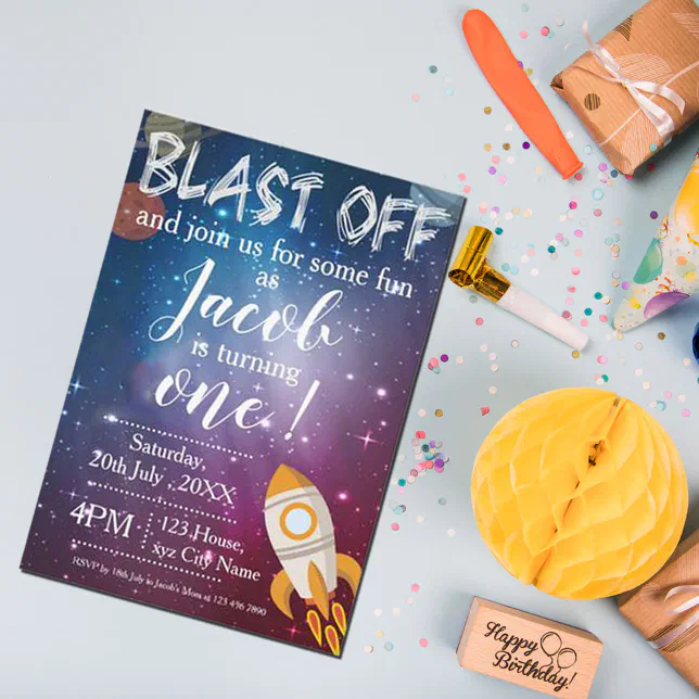 Outer Space Galaxy Rocket Ship 1st Birthday Party Invitation | Zazzle