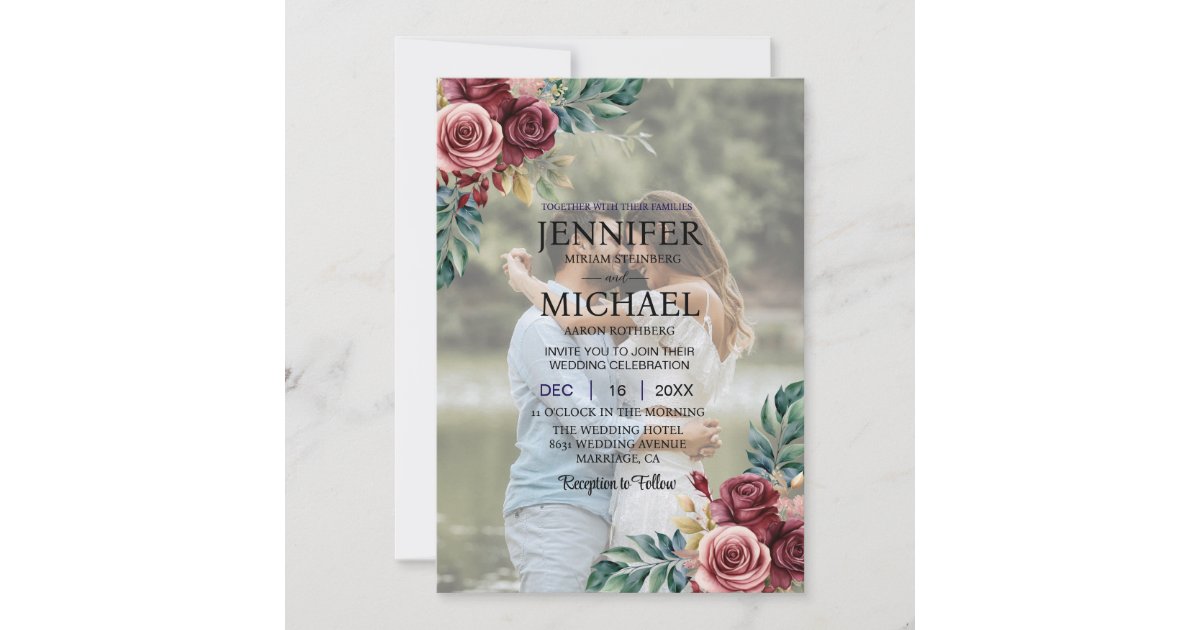 Overlay Portrait Picture Photo QR Roses Wedding Invitation | Zazzle