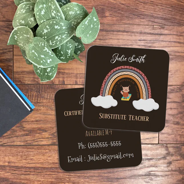 Owl Under Rainbow Substitute Teacher Contact Cards | Zazzle