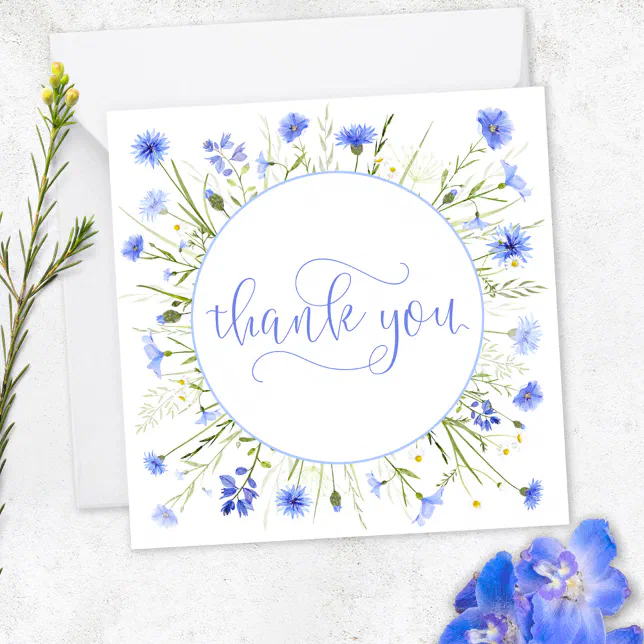 Pale Blue Wildflower Thank You Pretty Script Font Card | Zazzle