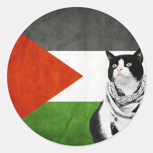 Palestinian Kufiya Wearing Cat Palestine Flag Classic Round Sticker ...
