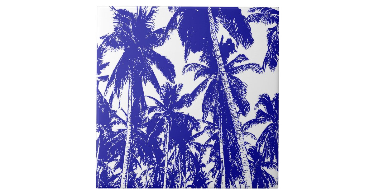 Palm Trees Design Blue & White Tile | Zazzle