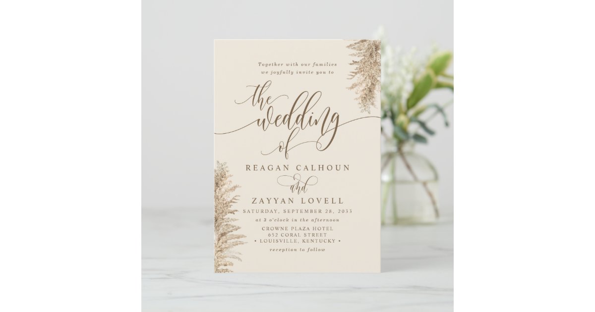 Pampas Grass Earthy Exotic Calligraphy Wedding Invitation | Zazzle