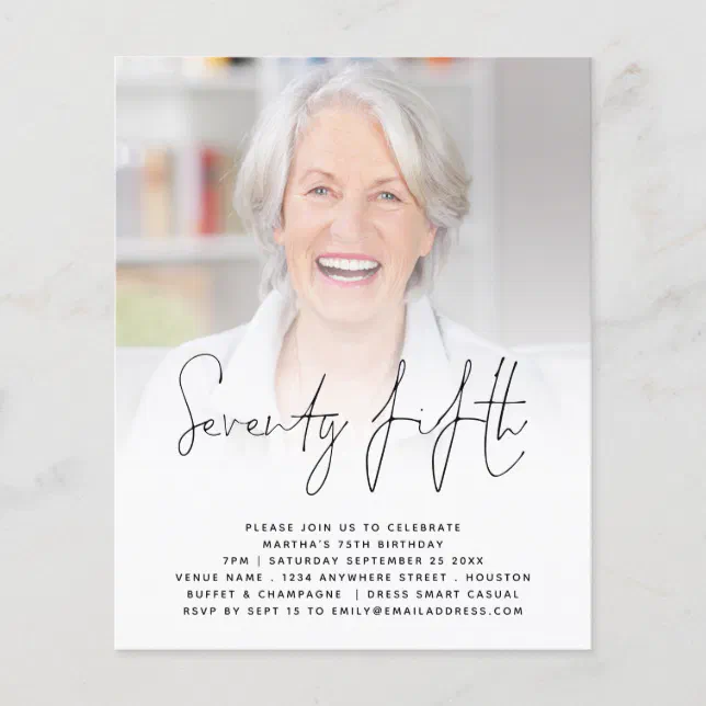 PAPER Script Photo 75th Birthday Party Invitation | Zazzle