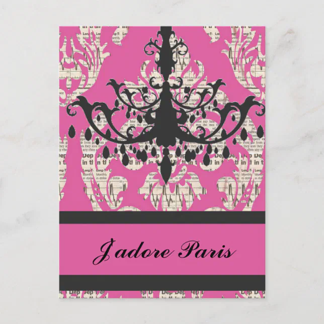 Paris chic hot pink damask vintage chandelier postcard | Zazzle