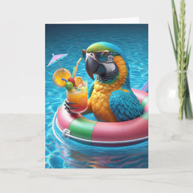 Parrot In a Swimming Pool for Birthday Card | Zazzle