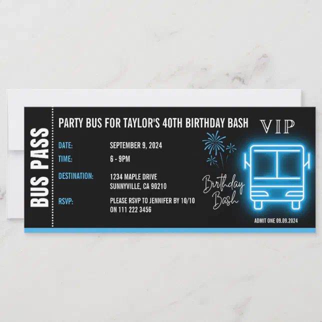 Party Bus Pass Ticket VIP Birthday Invitation | Zazzle