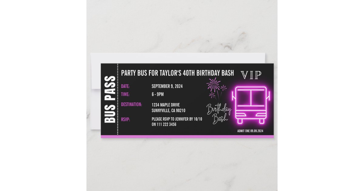 Party Bus Pass Ticket VIP Birthday Invitation | Zazzle