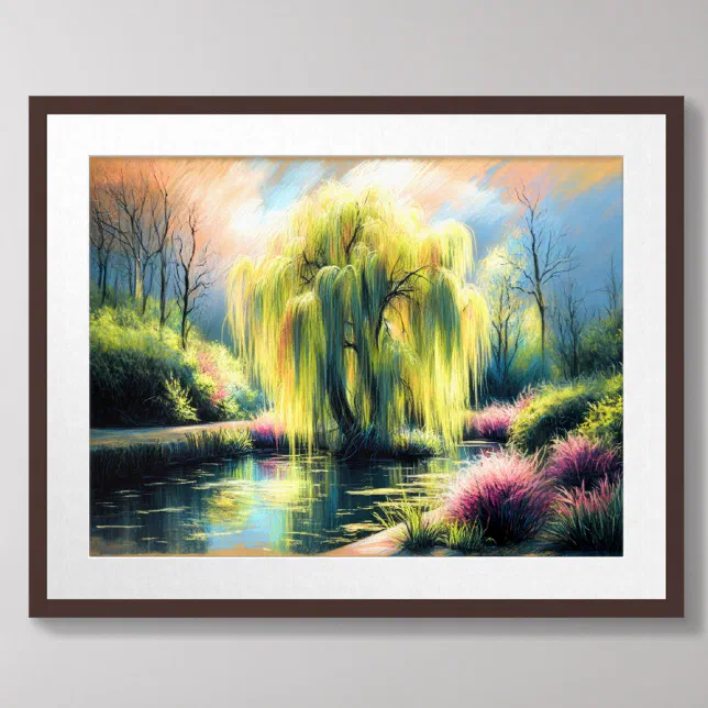 Pastel Drawing Garden Pond Weeping Willow Tree Poster | Zazzle