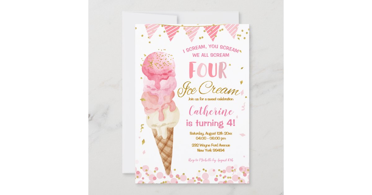 Pastel Pink We Scream Four Ice Cream 4th Birthday Invitation | Zazzle