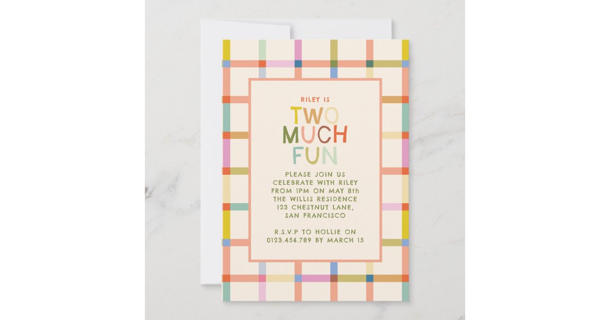 Pastel Plaid "Two Much Fun" 2nd Birthday Invitation | Zazzle