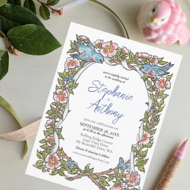 Pastel Wildflower Bird Floral Border Boho Wedding Invitation | Zazzle