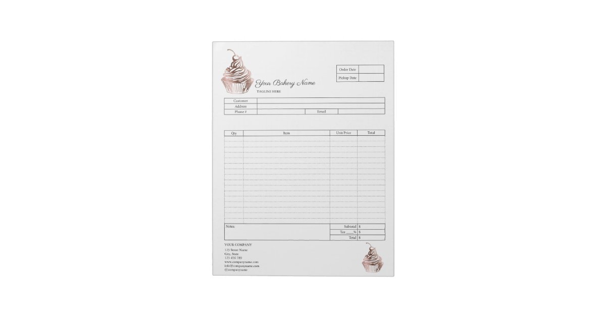 Pastry Cupcake Bakery Order Form Invoice Notepad | Zazzle