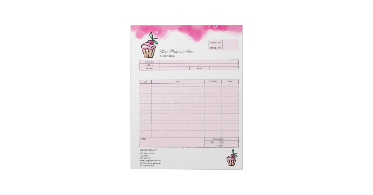 Pastry Cupcake Bakery Order Form Invoice Notepad | Zazzle