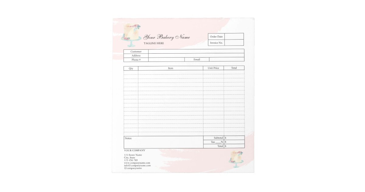 Pastry Cupcake Bakery Order Form Invoice Notepad | Zazzle