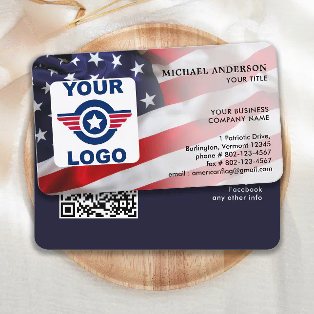 Patriotic Custom Logo QR Code American Flag Business Card | Zazzle