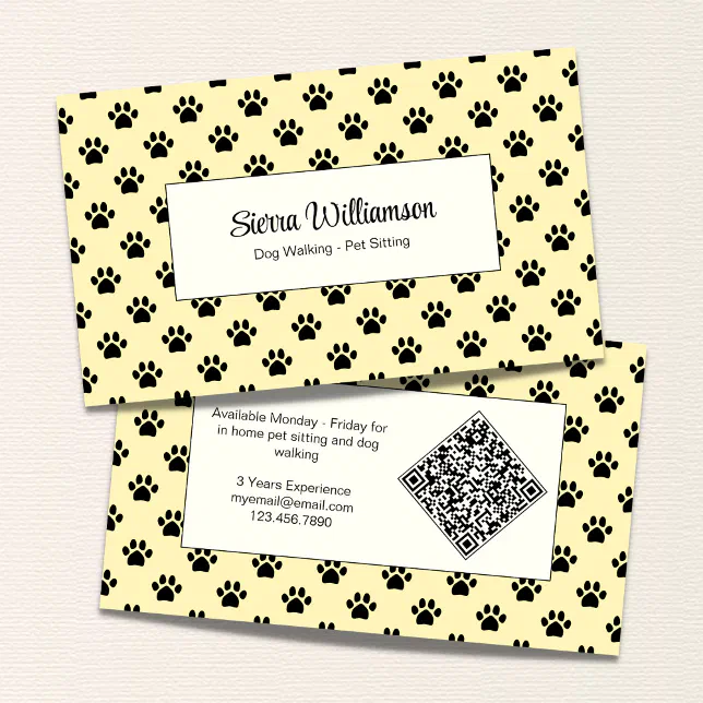Paw Print Dog Walker Pet Services QR Code Yellow Business Card | Zazzle