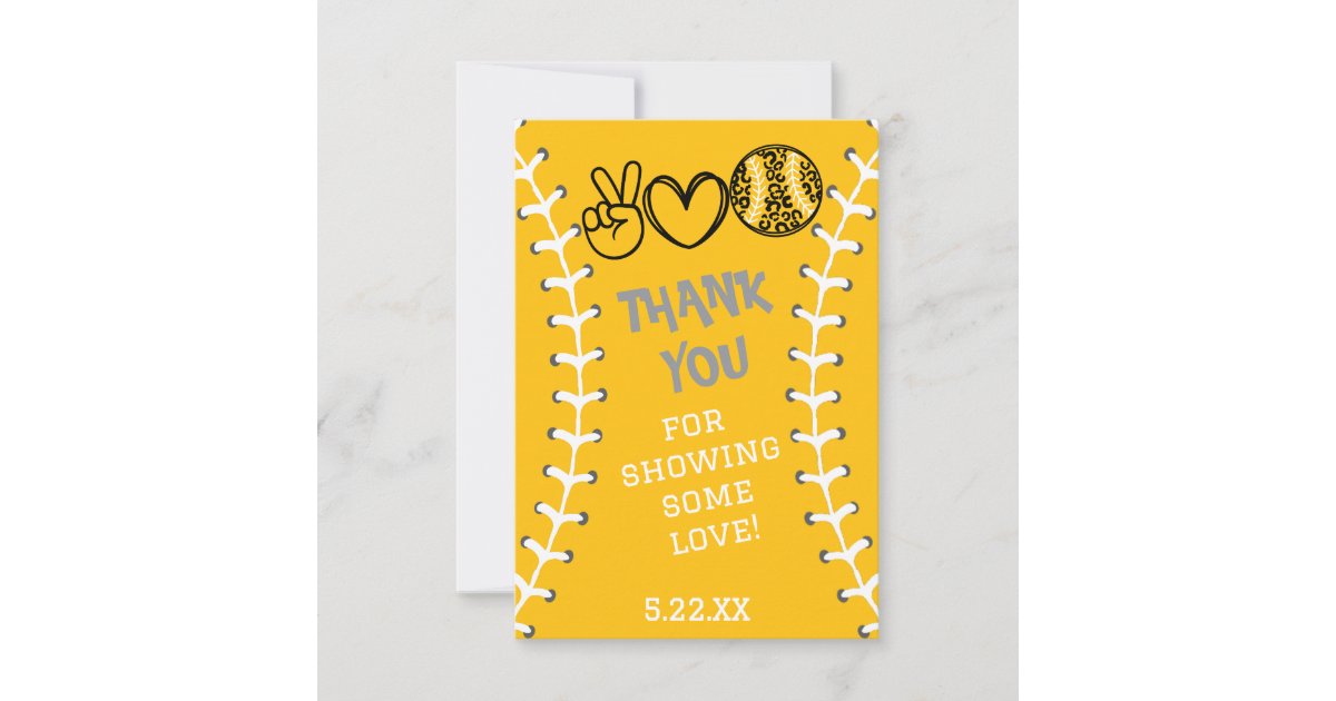 Peace Love Softball Birthday Thank You Card | Zazzle