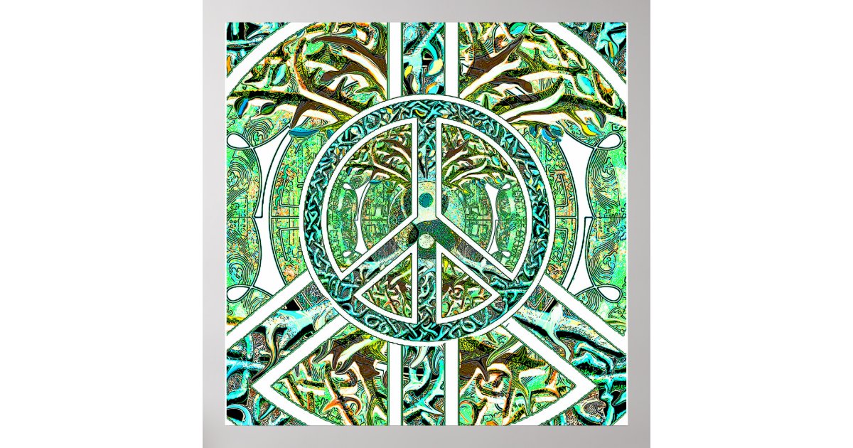 Peace Symbol, Yin Yang, Tree of Life in Green Poster | Zazzle