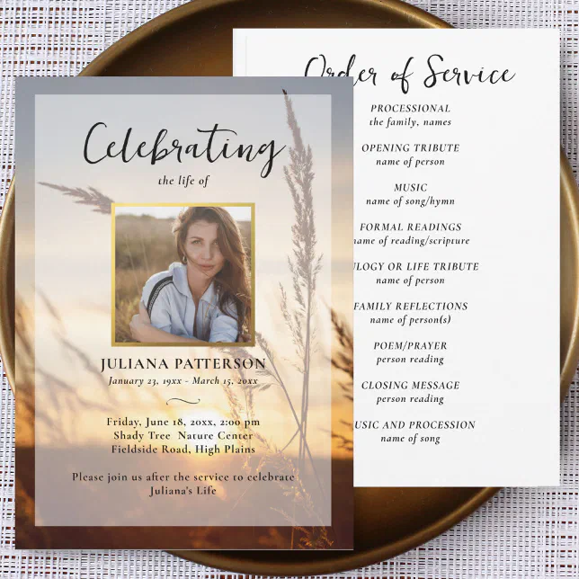 Peaceful Sunset Field Photo Funeral Program Invitation | Zazzle
