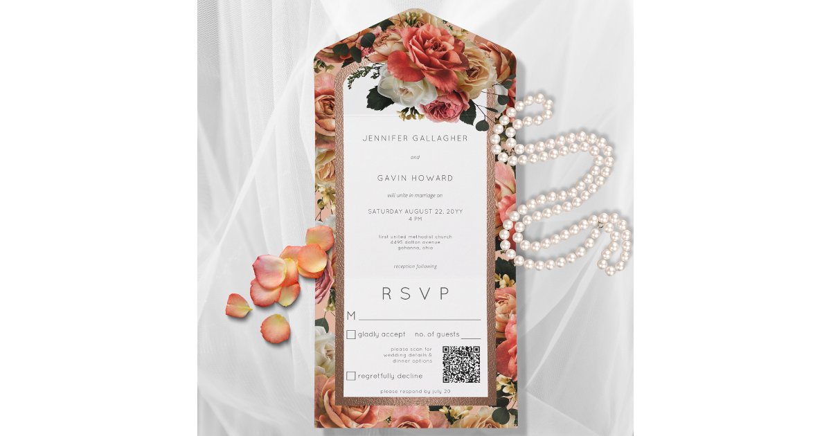 Peach Blush & Pink Rustic Roses QR Code All In One Invitation | Zazzle