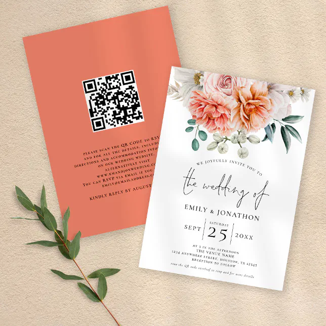 Peach Coral Peonies Florals QR Code Wedding Invitation | Zazzle