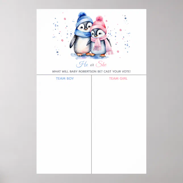 Penguin Winter Gender Reveal Cast Your Vote Game Poster | Zazzle