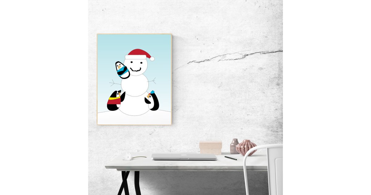 Penguins Building a Snowman in Winter Poster | Zazzle