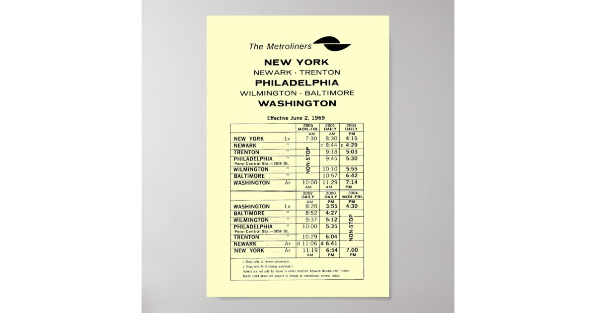 Penn Central Railroad Metroliner Timetable Poster | Zazzle
