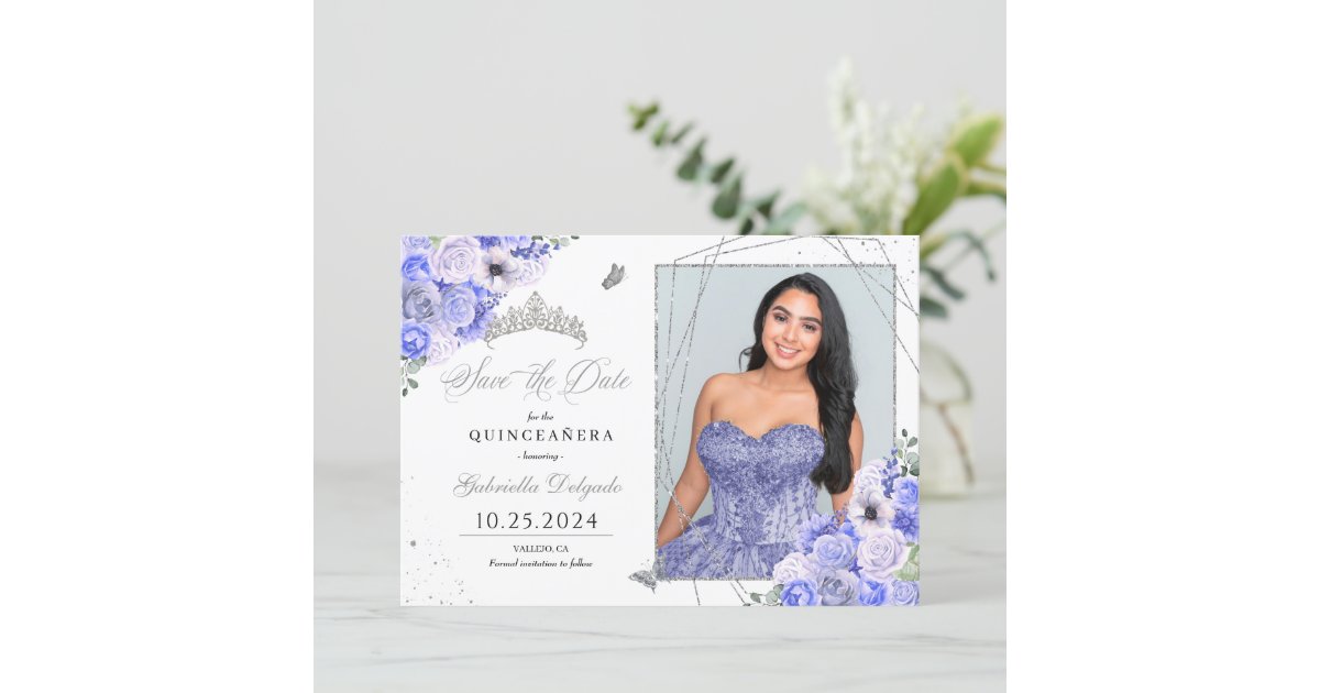 Periwinkle Silver Quinceañera Save The Date Photo Invitation | Zazzle