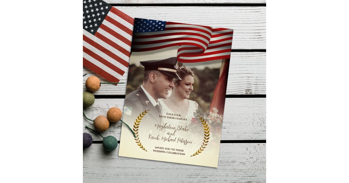Personal Photo | USA Flag | Laurel Leaves Wedding Invitation | Zazzle