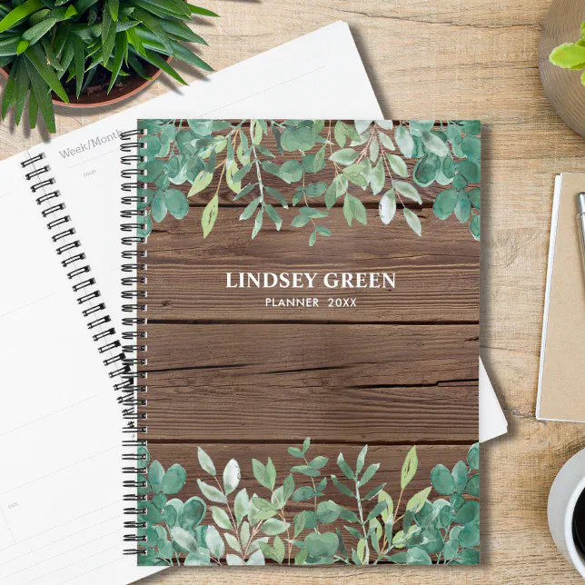 Personalise Barn Wood Eucalyptus Greenery Planner | Zazzle