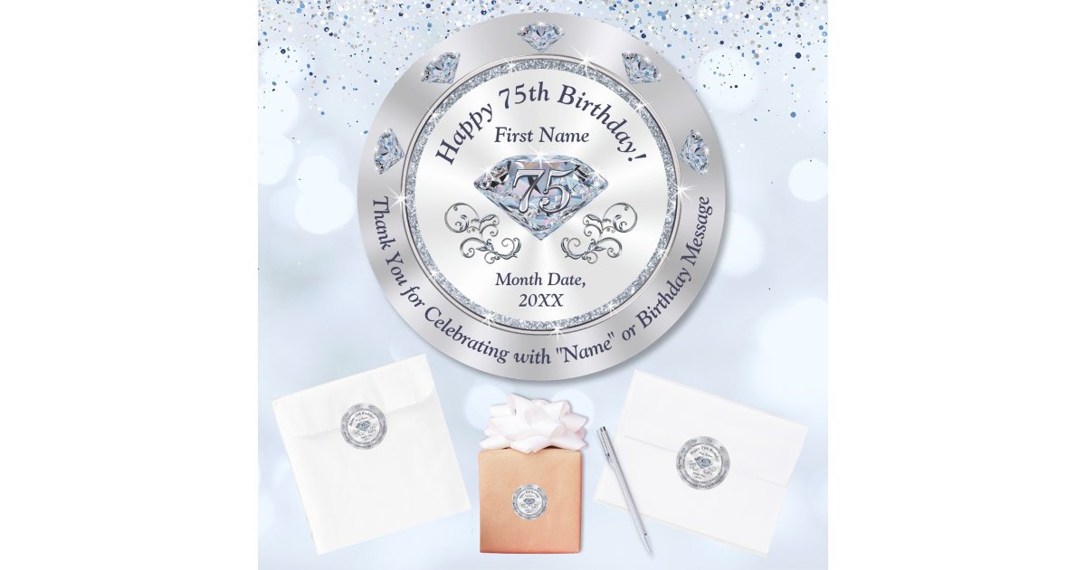 Personalised, 75th Birthday Stickers, for Favours, Classic Round ...