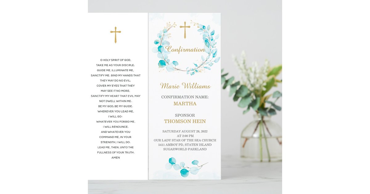 Personalised Aqua Confirmation Prayer Card | Zazzle