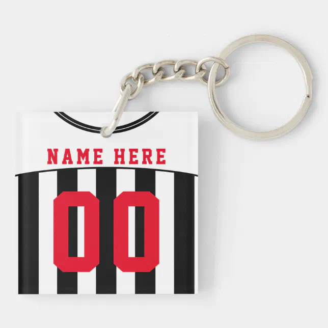 Personalised Black & White Stripes Soccer Jersey Key Ring | Zazzle