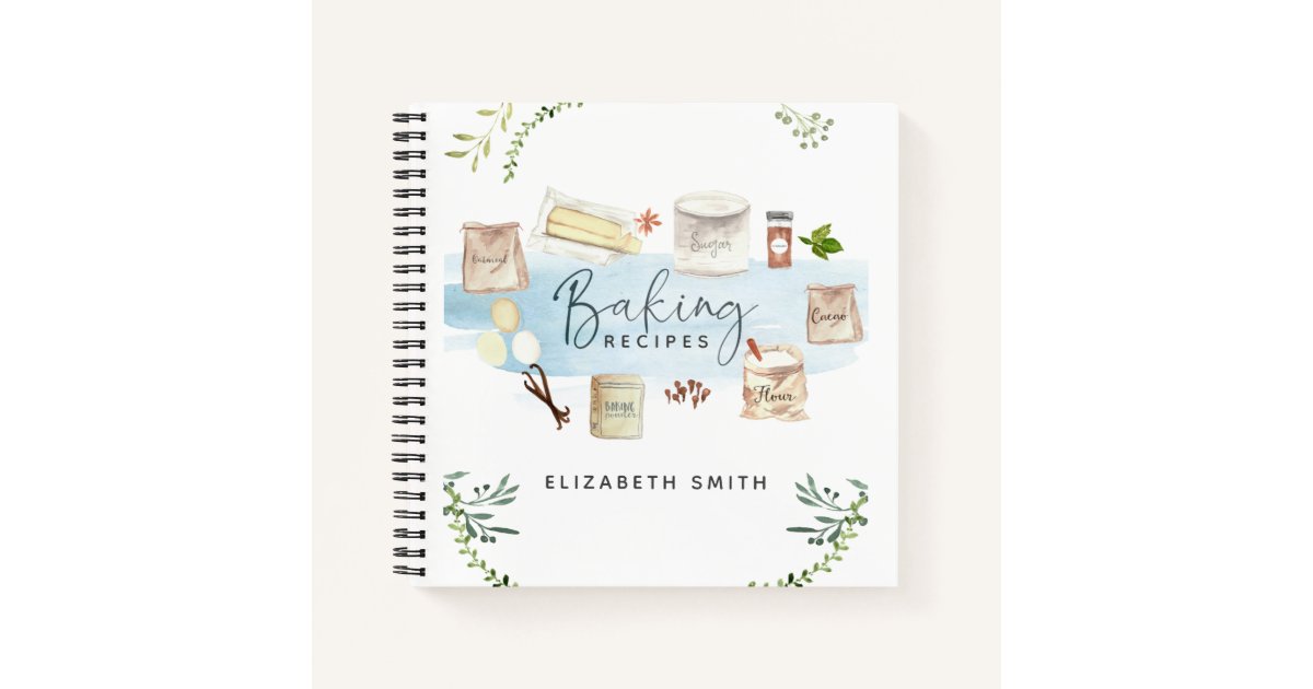 Personalised Illustrated Watercolor Baking Recipes Notebook | Zazzle