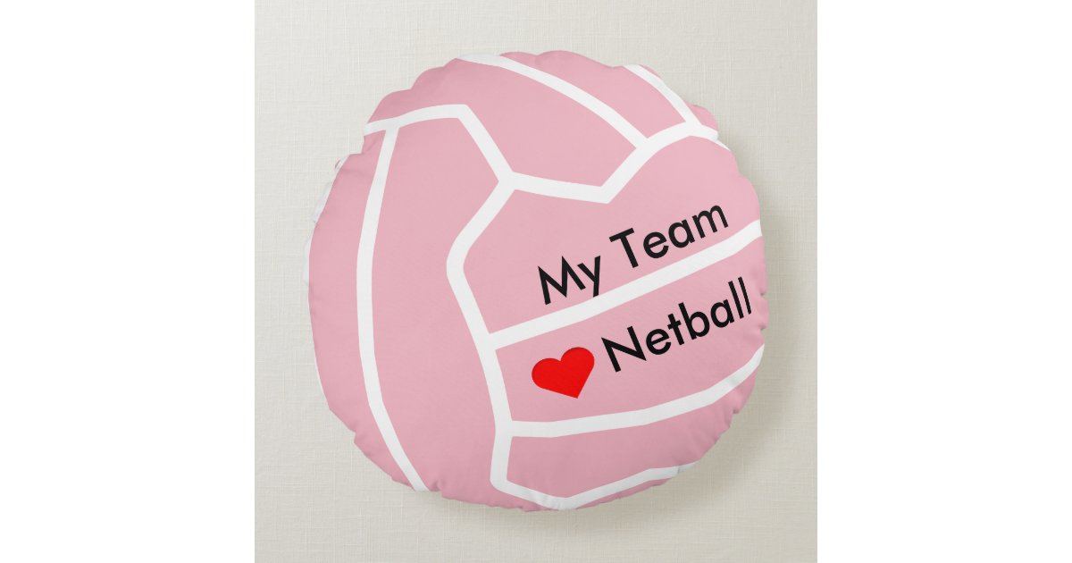 Personalised Love Netball Heart and Ball Design Round Cushion | Zazzle