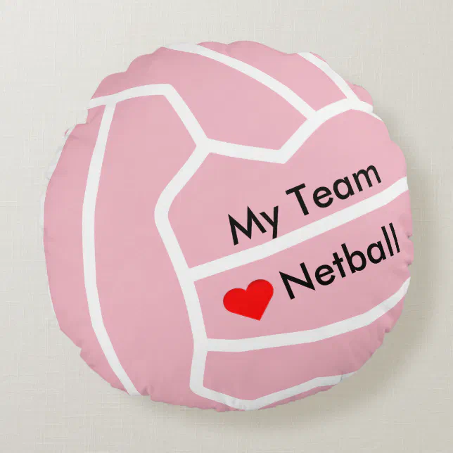 Personalised Love Netball Heart and Ball Design Round Cushion | Zazzle