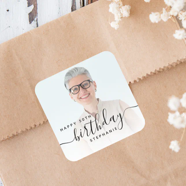 Personalised Photo Black Script 50th Birthday Square Sticker | Zazzle
