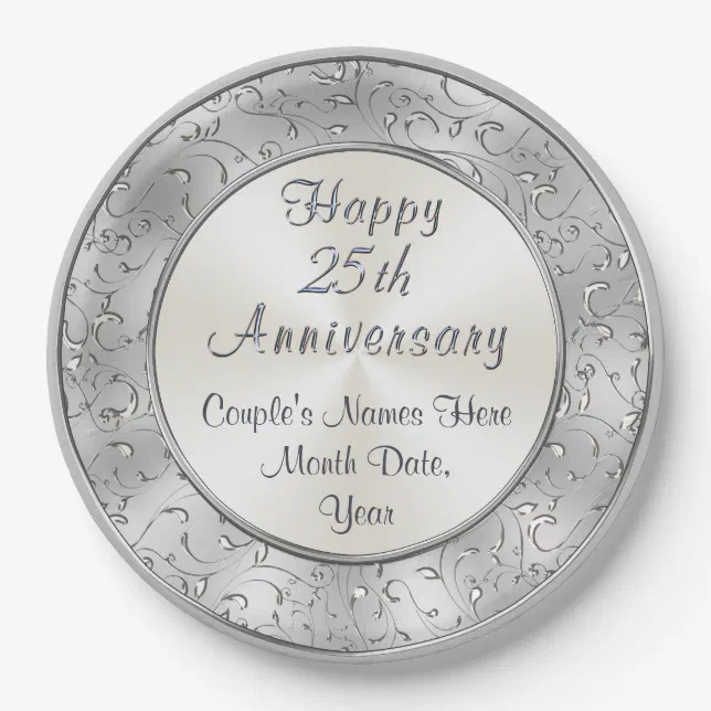 Personalised Silver 25th Anniversary Paper Plates | Zazzle